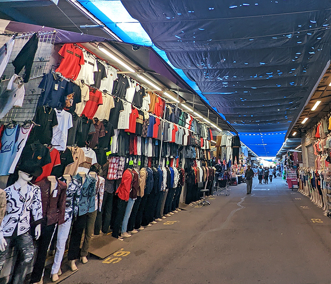 Treasure hunters paradise! Rows of clothing stalls stretch into the distance under blue tarps, creating a bargain-seeker's version of the yellow brick road.