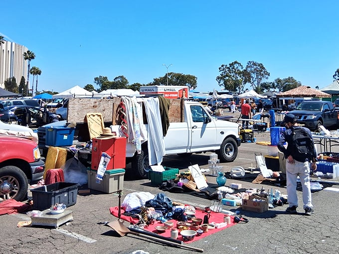 The treasure hunter's paradise unfolds across the Sports Arena parking lot, where one person's castoffs become another's prized possessions.