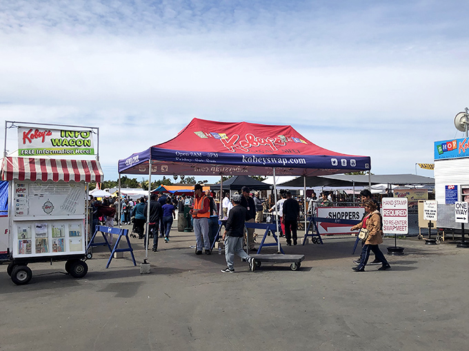 The iconic red KOBEY'S sign welcomes treasure hunters to San Diego's weekend wonderland, where bargain dreams come true under perfect California skies.