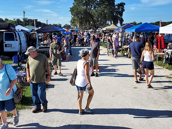 Morning at Swap-O-Rama unfolds like a treasure map coming to life, with rows of white tents beckoning shoppers to discover what lies beneath their canvas roofs.
