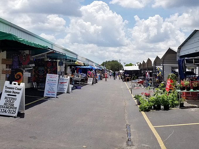 Treasure hunting begins under these covered walkways, where one person's castoffs become another's prized possessions. Florida sunshine stays outside while the deals stay cool.