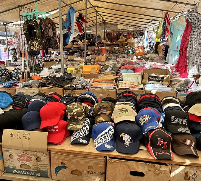 A treasure hunter's paradise where Florida-themed caps compete for attention with clothing, accessories, and the promise of that perfect unexpected find.
