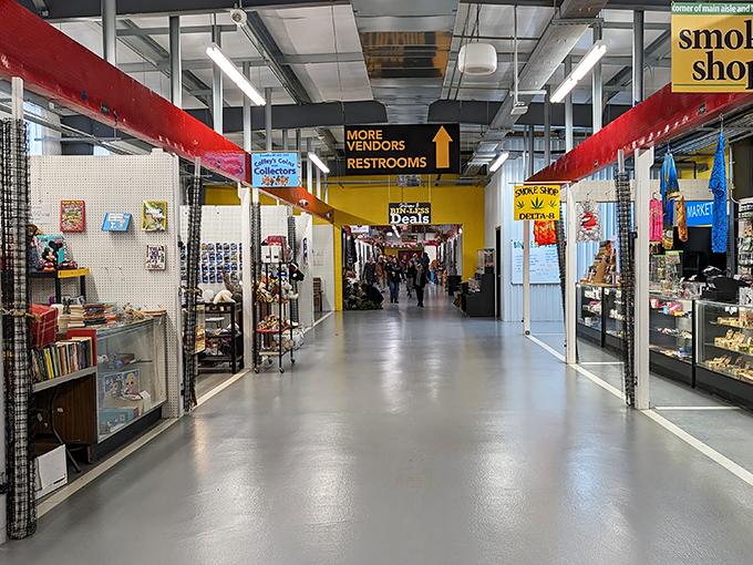 Wide, gleaming corridors stretch into the distance like retail wormholes, promising treasures in every direction. The flea market equivalent of "we're gonna need a bigger wallet."