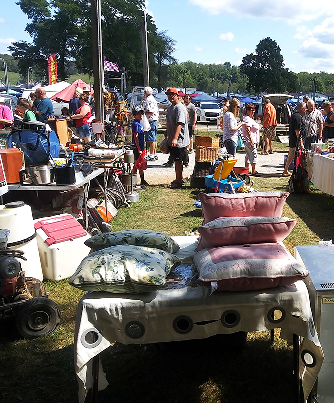 Under weathered wooden beams, treasure hunters scan tables laden with tools and gadgets. This covered pavilion shields bargain-seekers from Ohio's unpredictable elements while they hunt for deals.