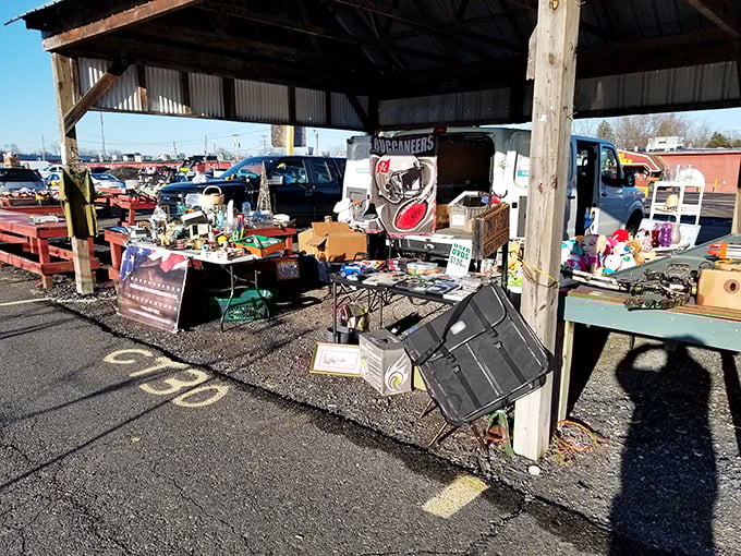 The outdoor flea market sprawls beneath Pennsylvania skies, where treasure hunters navigate a sea of tables laden with possibilities and unexpected finds.