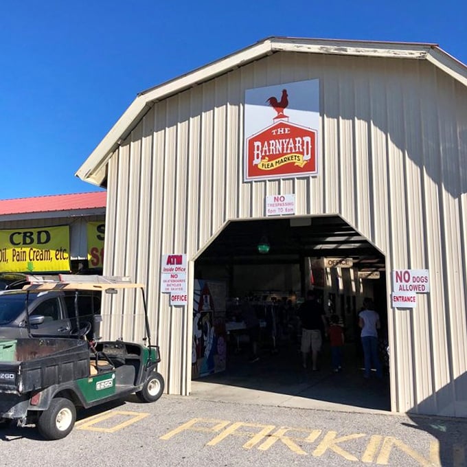 The iconic entrance to treasure-hunting paradise. That "P-Nut Man" food truck isn't just decoration—it's your first clue that delicious discoveries await inside.