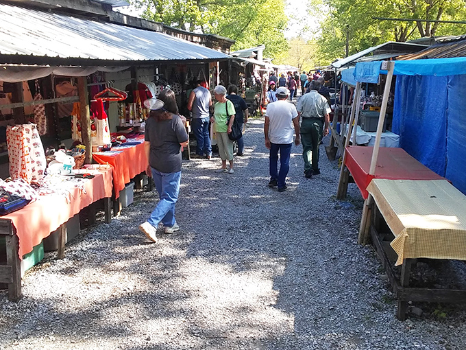 Treasure hunters navigate the shaded pathways of Crossville Flea Market, where one person's castoffs become another's prized possessions.