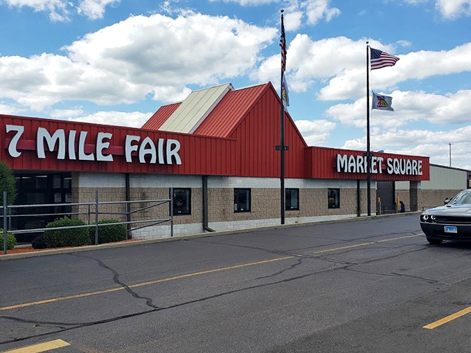 The iconic red-roofed entrance to 7 Mile Fair stands like a retail Emerald City, beckoning treasure hunters from across Wisconsin and beyond.