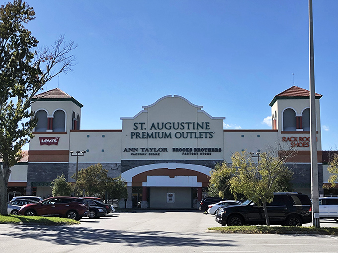 The Spanish-inspired architecture of St. Augustine Premium Outlets welcomes bargain hunters with the promise of retail therapy under Florida's endless blue skies.