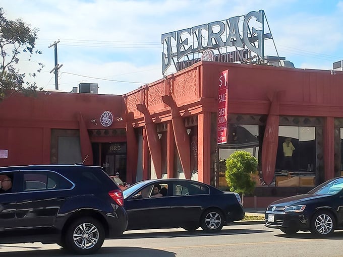 That iconic Jet Rag sign beckons like a vintage fashion lighthouse guiding thrift shoppers to treasure.