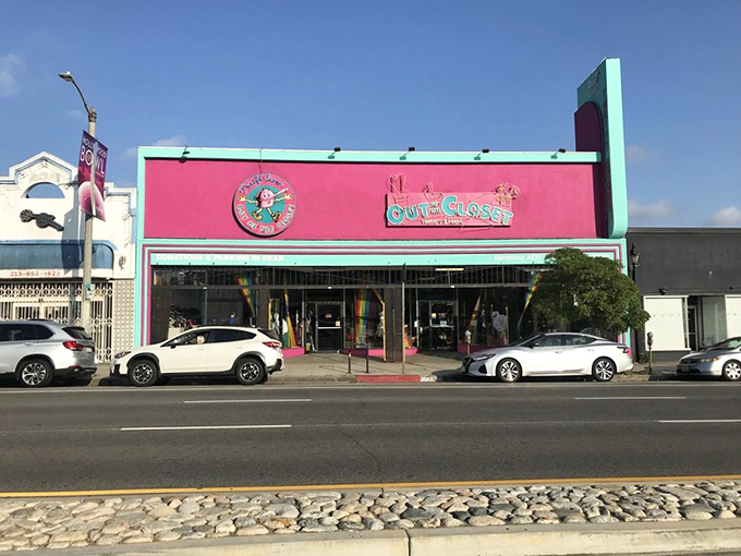 The flamingo-pink facade of Out of the Closet in Atwater Village stands out like a Broadway marquee on opening night, promising treasures within.