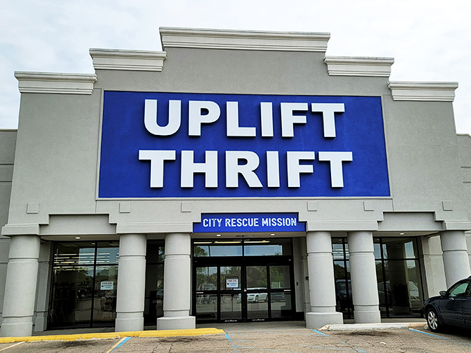 That bold blue sign isn't just advertising - it's practically shouting "Come save money and feel good about it!"