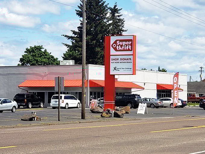 SuperThrift's distinctive red-trimmed exterior stands like a beacon of bargain possibilities on Lebanon's main drag, promising treasures within.