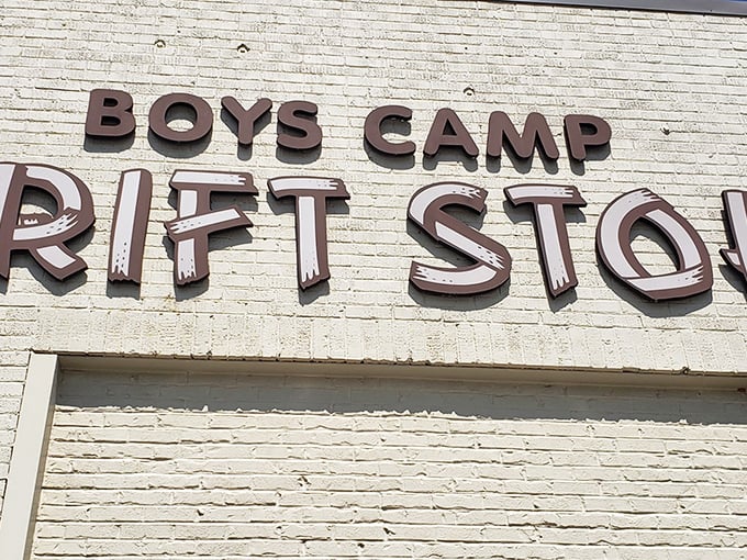 The iconic brown lettering against cream-colored brick promises treasure hunting adventures that would make Indiana Jones trade his whip for a shopping cart.