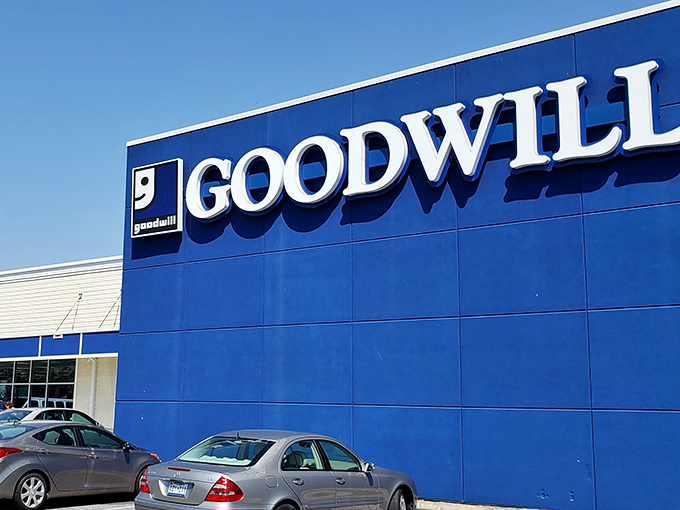 The iconic blue facade with that smiling logo promises treasure hunting adventures that won't break the bank. Retail therapy with a side of social responsibility.