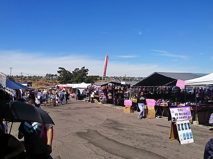 Palm trees stand sentinel over a sea of colorful canopies where treasure hunters navigate the asphalt jungle of possibility. Every aisle promises discovery.