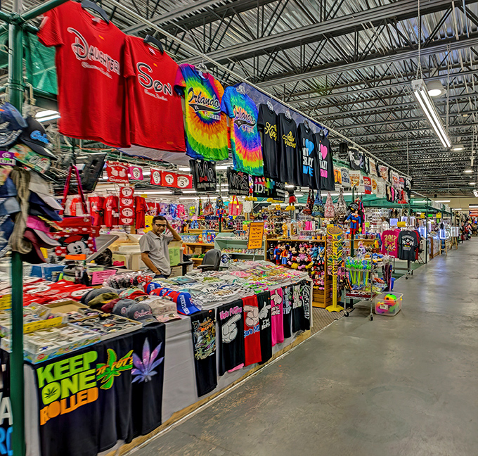 The patriotic exterior of Visitors Flea Market stands out like a retail Statue of Liberty, beckoning bargain hunters with its bold red, white, and blue facade.