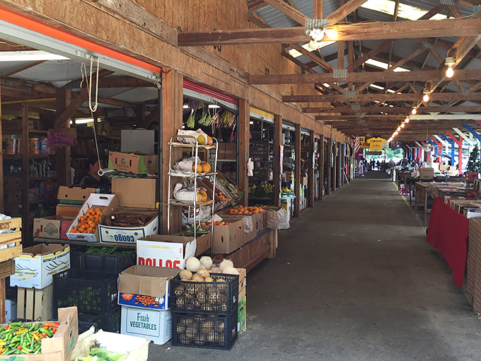 The indoor market corridor stretches like a treasure map waiting to be explored, with fresh produce and colorful merchandise lining both sides of this bargain hunter's paradise.
