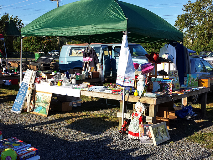 One vendor's treasure trove awaits under a green canopy, where vintage dolls and framed artwork create an irresistible roadside gallery of nostalgia.