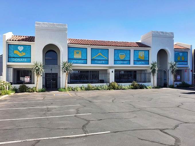 The desert sun gleams off Thrift to Thrive's iconic blue and white fa&ccedil;ade, where "Vintage," "Thrift," "Coffee," and "Local" aren't just words&mdash;they're promises kept.