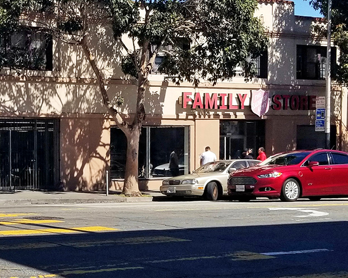 The iconic red "FAMILY STORE" sign beckons like a lighthouse for bargain hunters navigating the sea of San Francisco retail options.