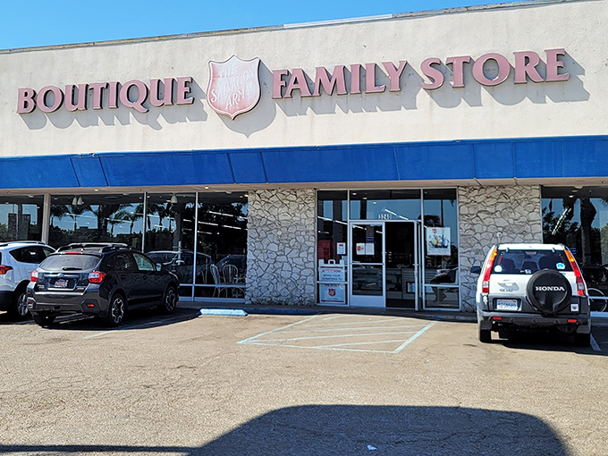 The iconic blue awning and Salvation Army shield welcome treasure hunters to this San Diego secondhand paradise. Bargain therapy awaits inside!