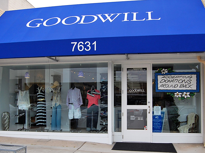 The iconic blue awning of La Jolla's Goodwill beckons like a secret club for bargain hunters who know where the real treasures hide.