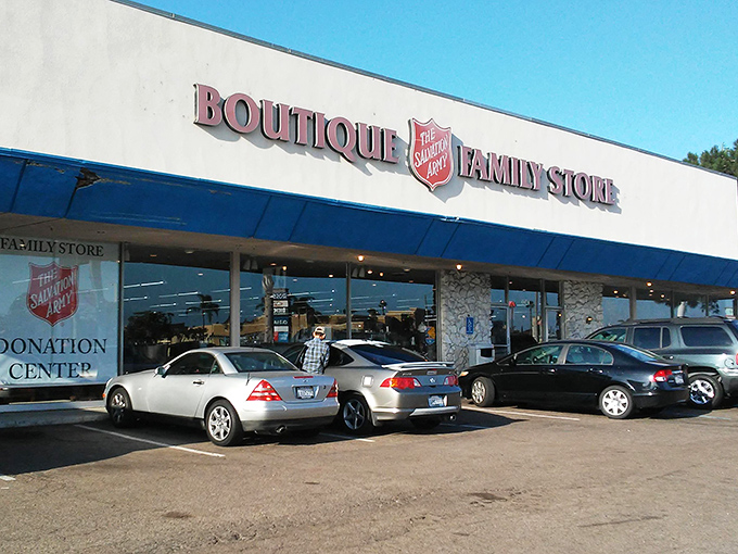 The iconic blue and white facade of the Salvation Army Boutique Family Store beckons like a siren song to bargain hunters across San Diego.
