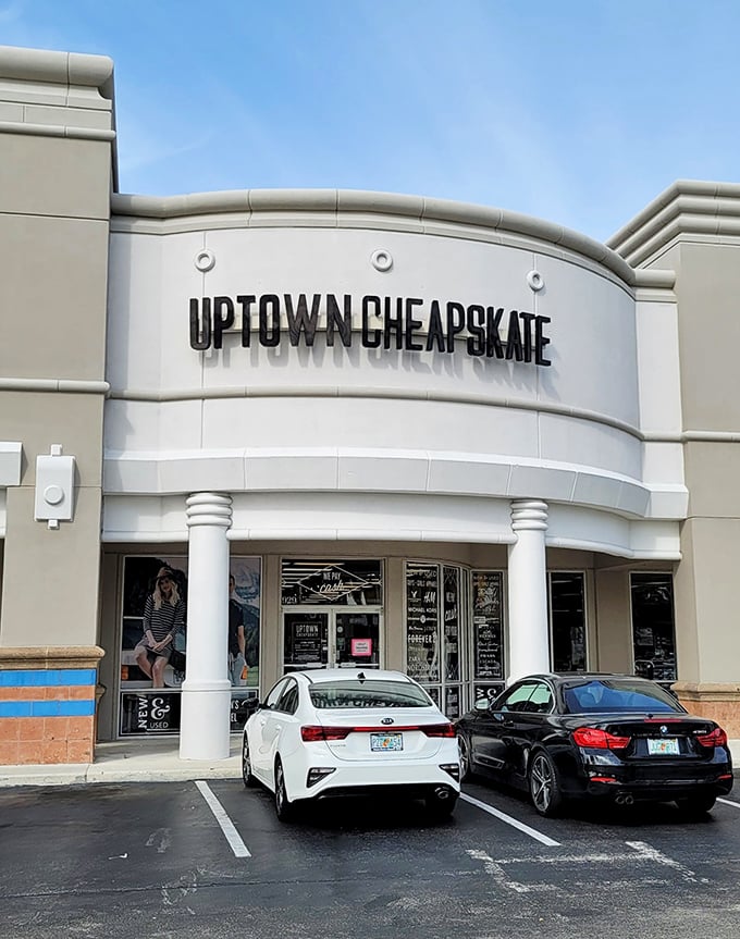 The unassuming exterior of Uptown Cheapskate in Oakland Park hides a fashion treasure trove that would make any bargain hunter's heart skip a beat.