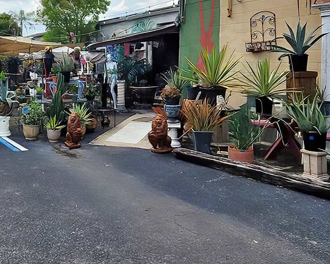 The entrance to OddBalls is like Mother Nature's garage sale &ndash; potted plants, garden sculptures, and tropical greenery creating a jungle of possibilities before you even step inside.