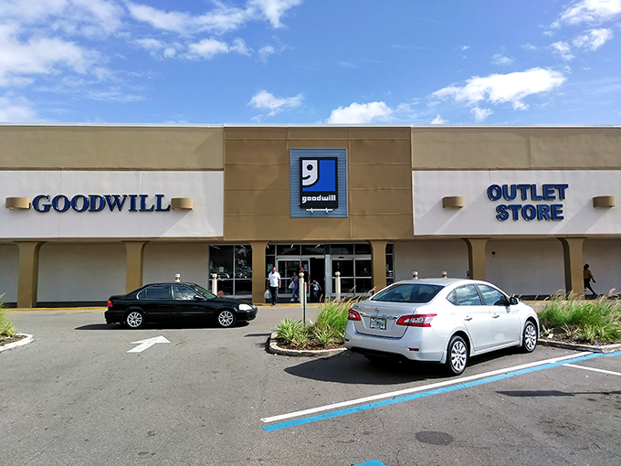 The unassuming exterior of Goodwill's Taft Outlet in Orlando hides a treasure trove within, like a poker player with a royal flush keeping a straight face.