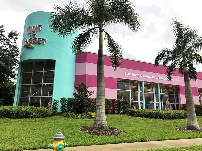 The hot pink facade of Out of the Closet isn't just eye-catching&mdash;it's practically screaming "bargains inside!" like a fashionable beacon in St. Petersburg.