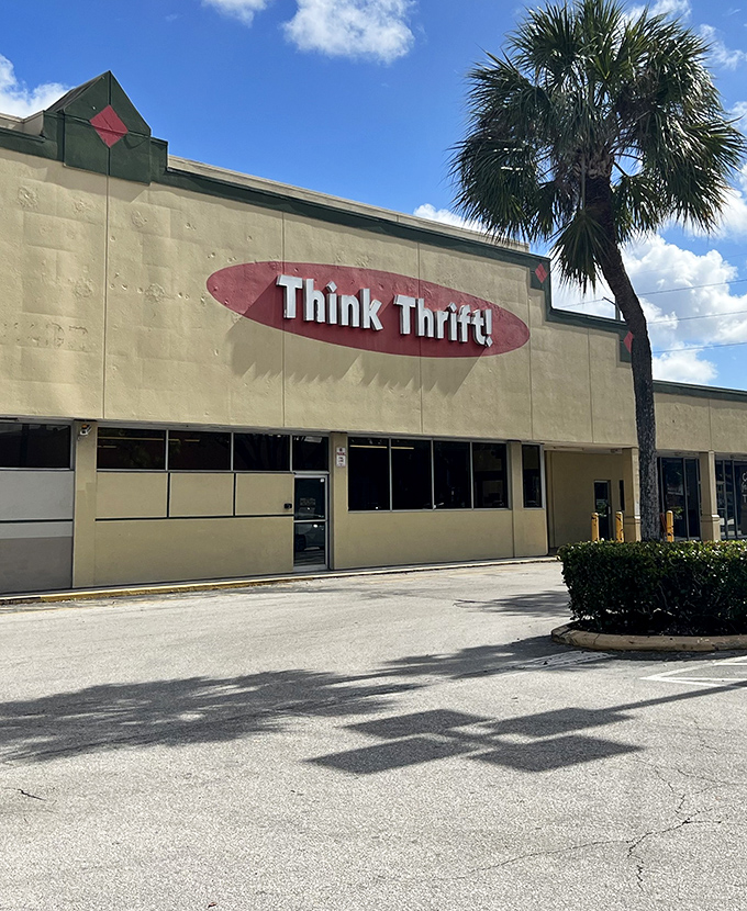 The unassuming beige exterior of Think Thrift belies the treasure trove within. Like a culinary speakeasy, the best bargains often hide behind the plainest facades.