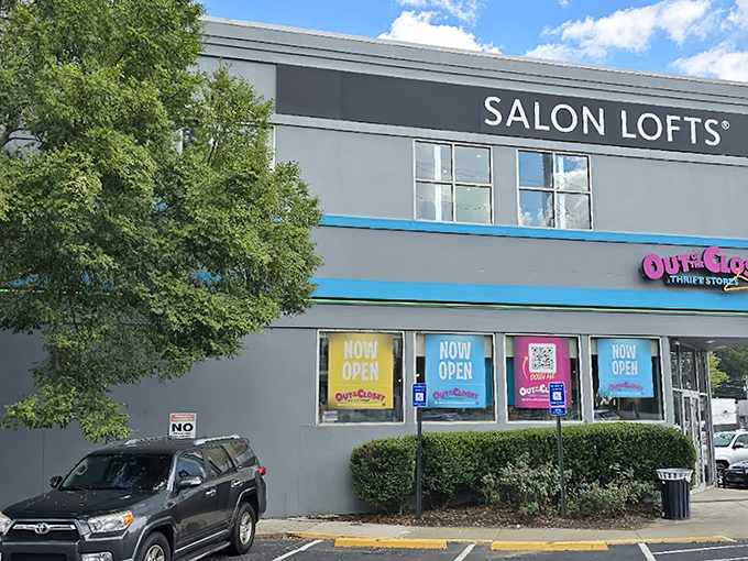 The turquoise-banded exterior of Out of the Closet stands out like a fashionable beacon in Atlanta's Ansley neighborhood, promising treasure hunters a colorful adventure inside.