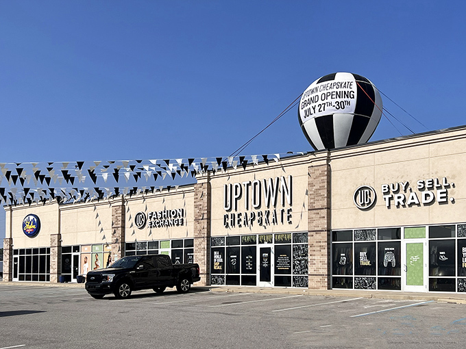 The unassuming exterior of Uptown Cheapskate in Fort Wayne belies the fashion wonderland waiting inside. Treasure hunters, prepare yourselves!
