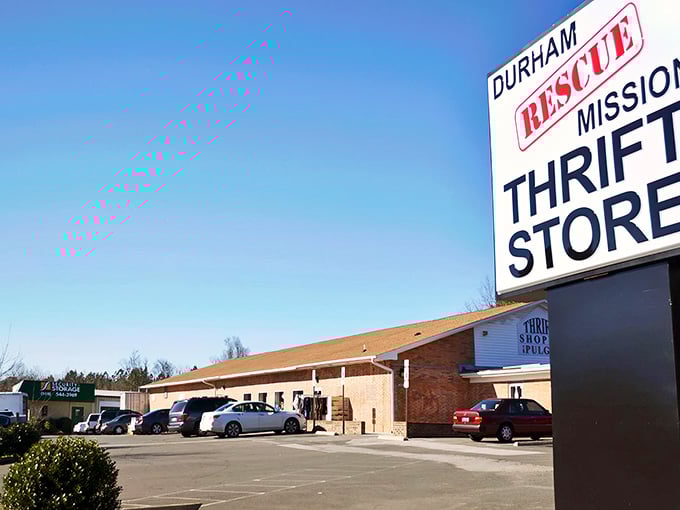 The unassuming exterior of Durham Rescue Mission Thrift belies the wonderland of treasures waiting inside. Bargain hunting begins here!