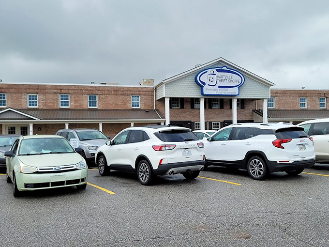 The iconic blue sign welcomes bargain hunters to this brick-and-column treasure trove where every purchase truly feels like a gift to your wallet.
