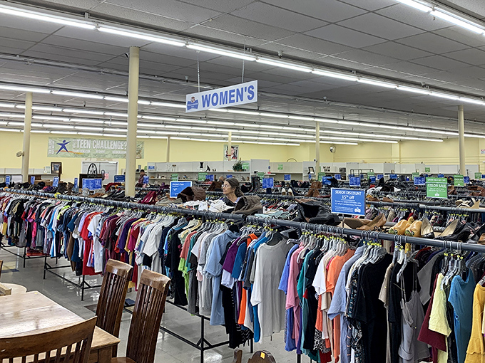 SuperThrift's distinctive red-roofed building stands like a beacon of bargain possibilities under Portland's characteristically optimistic blue sky.
