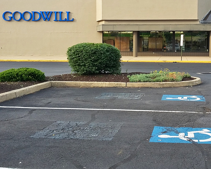 The blue Goodwill sign beckons like a lighthouse to bargain hunters. This unassuming exterior hides a treasure trove of possibilities within.