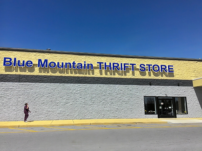 Blue Mountain Thrift Store welcomes bargain hunters with its no-nonsense exterior. Like a poker player with a royal flush, it keeps its treasures hidden inside.