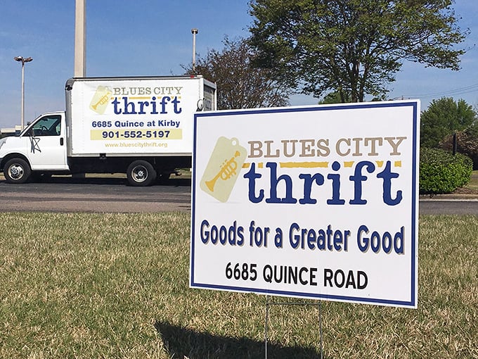 Blues City Thrift Store's exterior promises treasures within &ndash; and that tag line isn't kidding around.