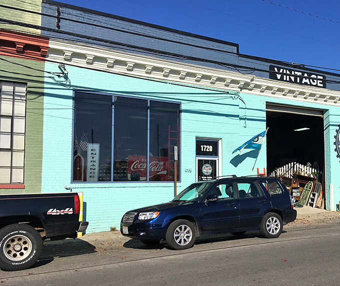 The turquoise facade of Class and Trash stands out like a vintage postcard come to life in Richmond's Scott's Addition neighborhood.