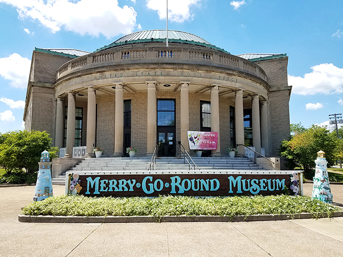 The grand Neoclassical building houses whimsy instead of tax forms &ndash; a perfect architectural plot twist for a carousel museum.