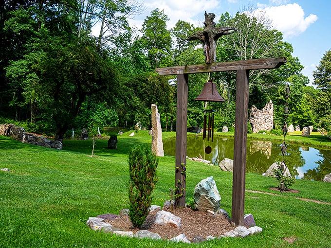 The Bell Tower stands sentinel beside a serene pond, inviting visitors to ring out across this mystical Pennsylvania landscape. Stonehenge meets Zen garden.
