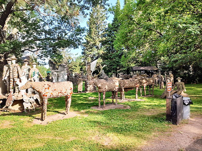 A concrete congregation stands at attention, their glass-embedded bodies catching the sunlight like a Northwoods Mardi Gras frozen in time.