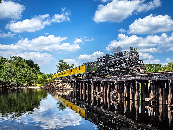 Steam and dreams collide as the Sugar Express crosses a wooden trestle, creating a scene straight out of a vintage postcard. Pure locomotive magic!