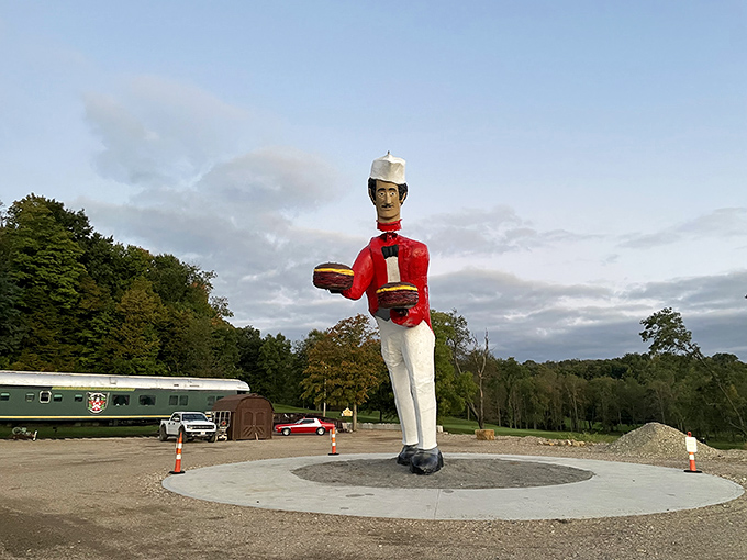 The World's Largest Bobblehead stands tall against Ohio's blue sky, his perpetual nod a silent agreement with your decision to visit.
