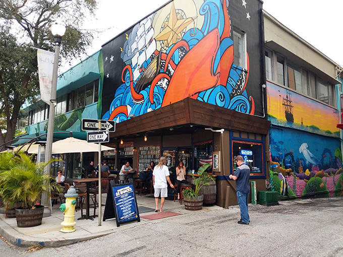 The vibrant nautical mural adorning The Galley's exterior isn't just art&mdash;it's a colorful promise of the seafood treasures waiting inside.