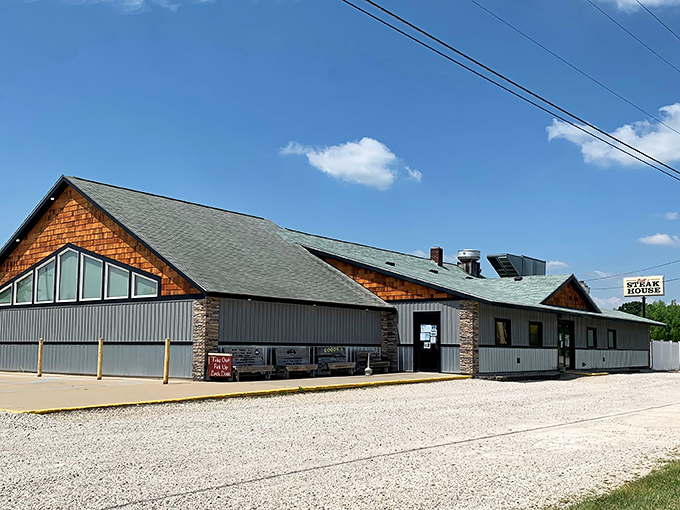 The unassuming exterior of Bill's Steak House in Bronson hides a carnivore's paradise within. Cedar shingles and stone accents create the perfect steakhouse vibe.