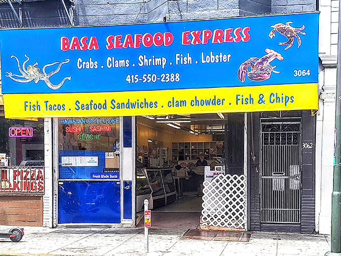 The unassuming blue awning of Basa Seafood Express stands out on Mission Street like a maritime beacon, promising oceanic treasures within its modest storefront.
